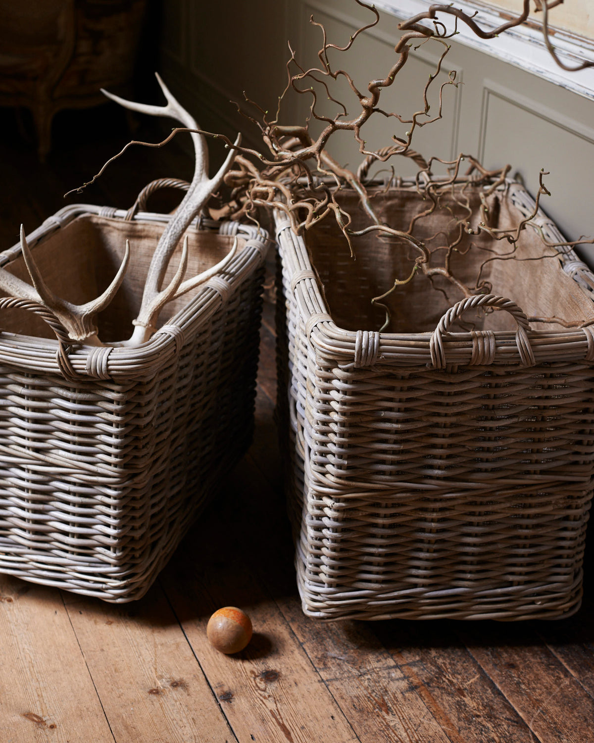 Rectangular rattan log baskets with hessian liner- Coaster wheels (238 ...